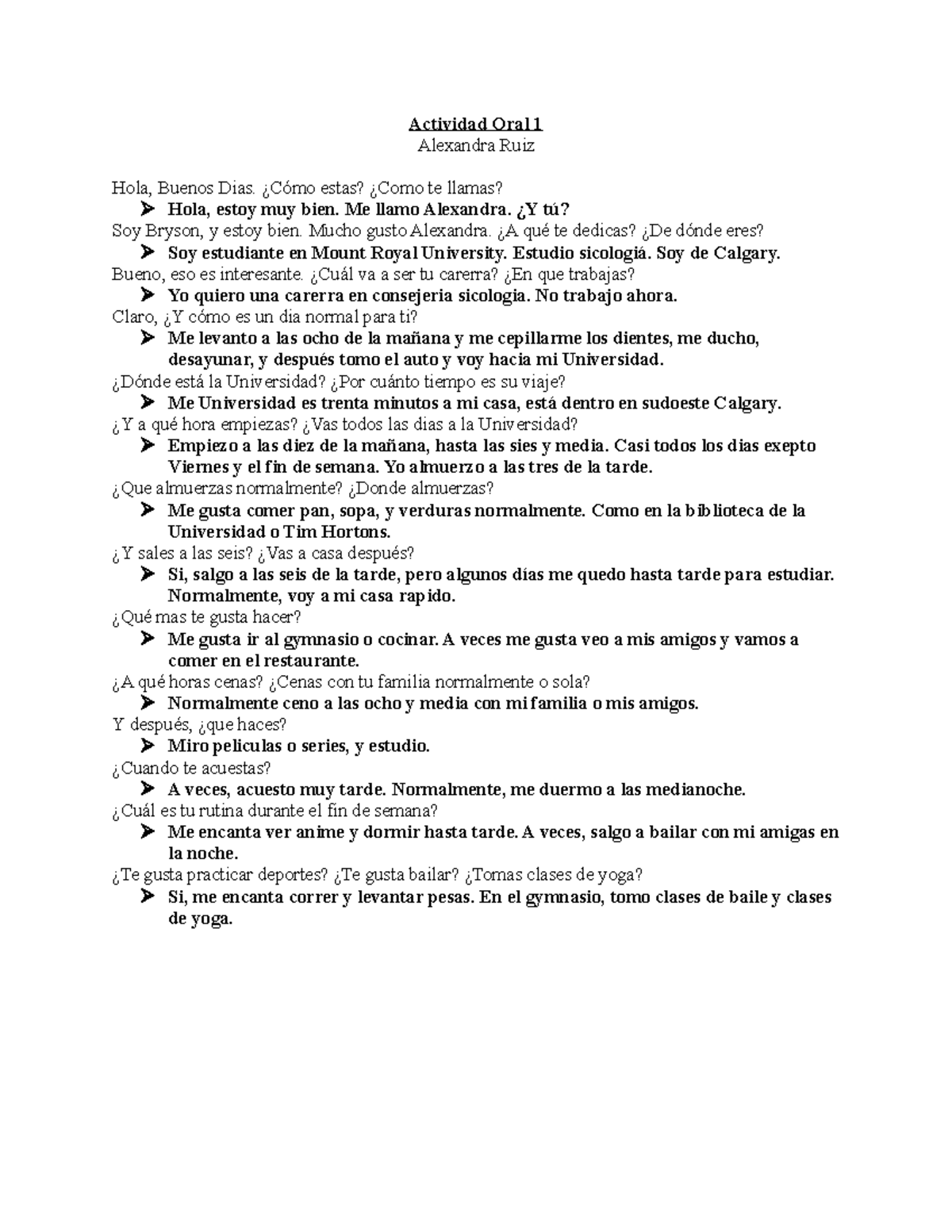 Actividad Oral 1 - oral activity for practice - Span 1103 - MRU - Studocu