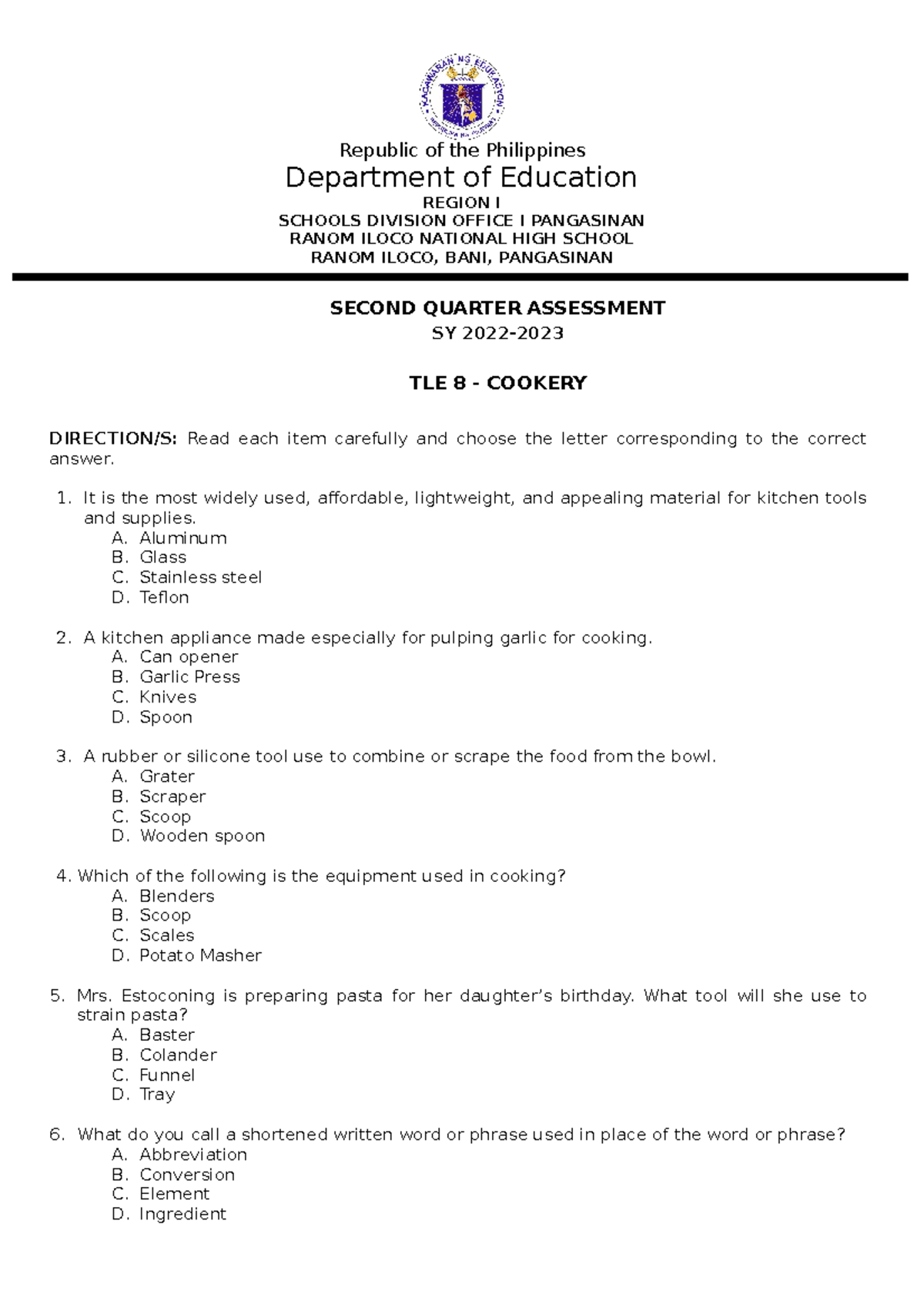Cookery 7- Second Quarter TEST - Department of Education REGION I ...