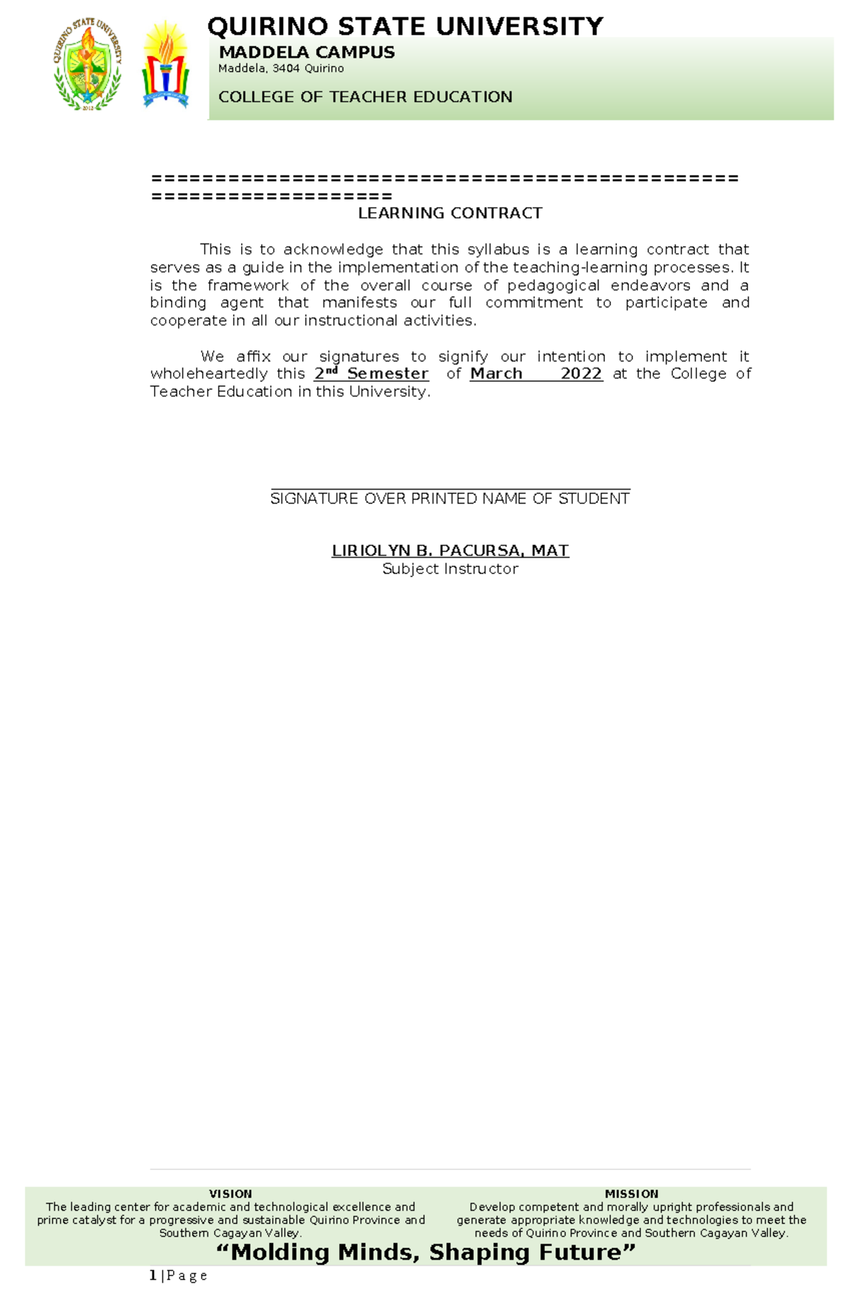 GE 5. Learning Contract - MADDELA CAMPUS Maddela, 3404 Quirino COLLEGE ...