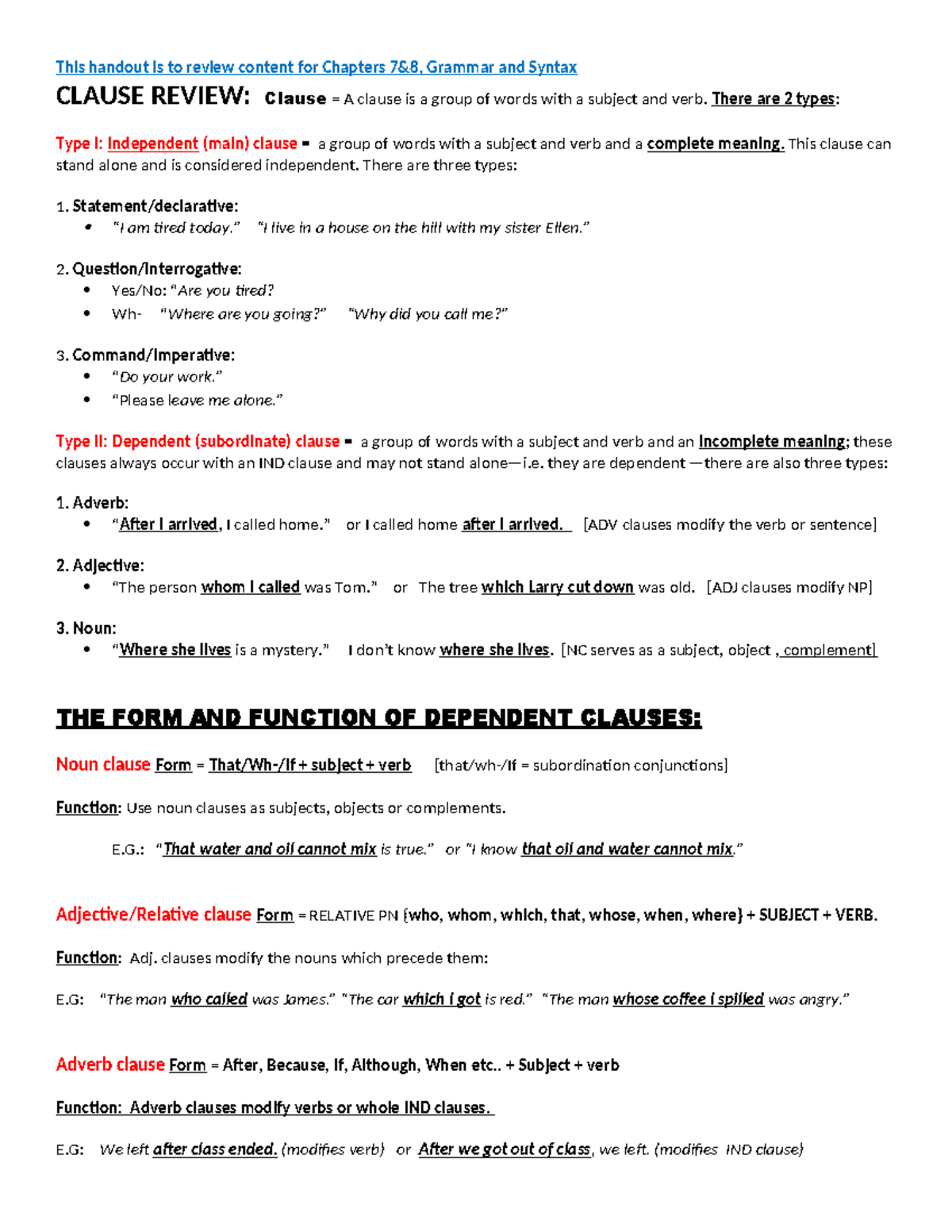 Clause and Sentence Type Handout - This handout is to review content ...