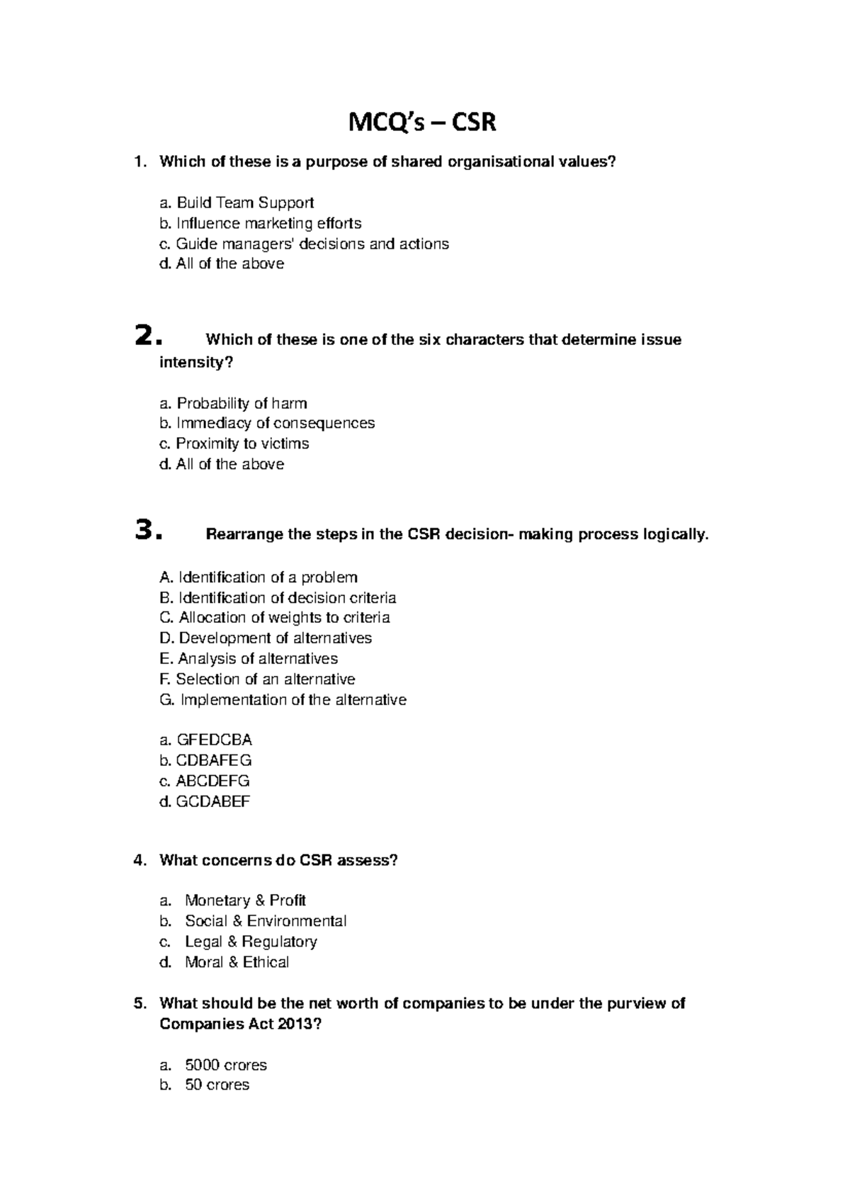 MCQ - CSR - notes - MCQ’s – CSR 1. Which of these is a purpose of ...