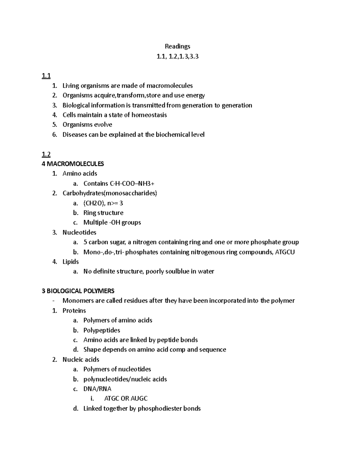 Biochem readings - reading 1 - Readings 1, 1,1,3. 1. Living organisms ...