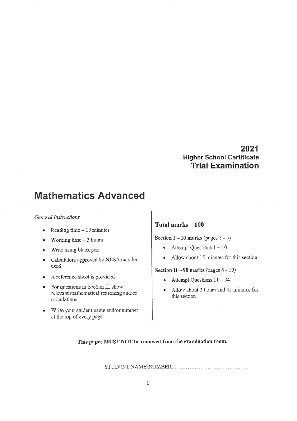 Independent Trial Advanced 2021 - 2021 Higher School Certificate Trial Examination Mathematics ...