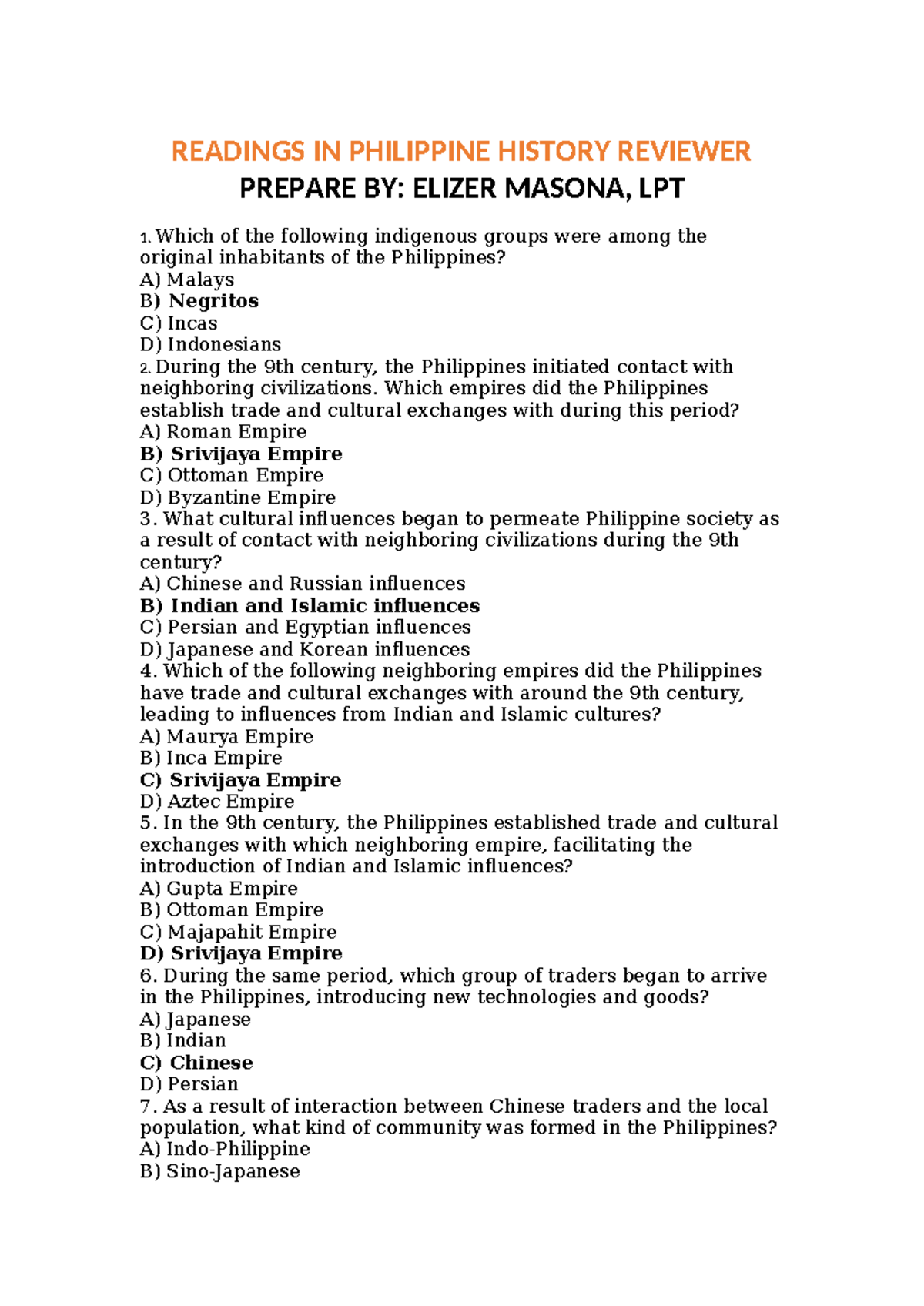 Readings IN Philippine History Reviewer - READINGS IN PHILIPPINE ...