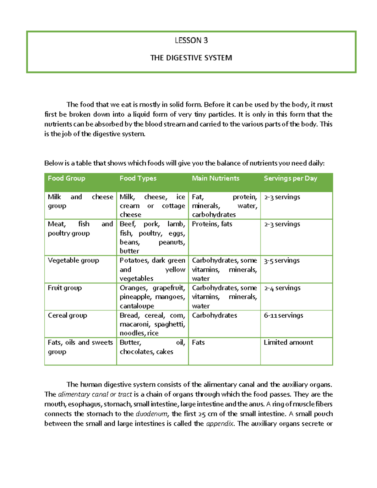 Lesson 3: THE DIGESTIVE SYSTEM - LESSON 3 THE DIGESTIVE SYSTEM The food ...