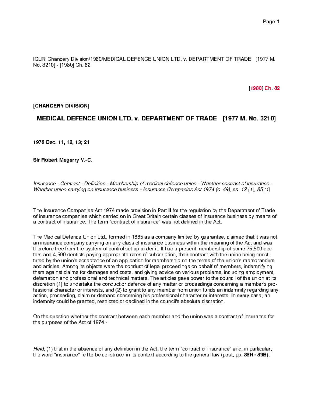 Medical Defence Union LTD v Department OF Trade - Insurance Law - Studocu