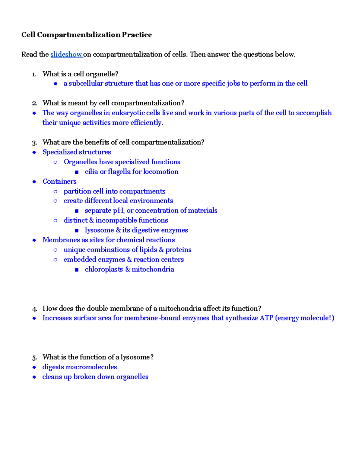 Compartmentalization Reading Comprehension - Cell Compartmentalization ...