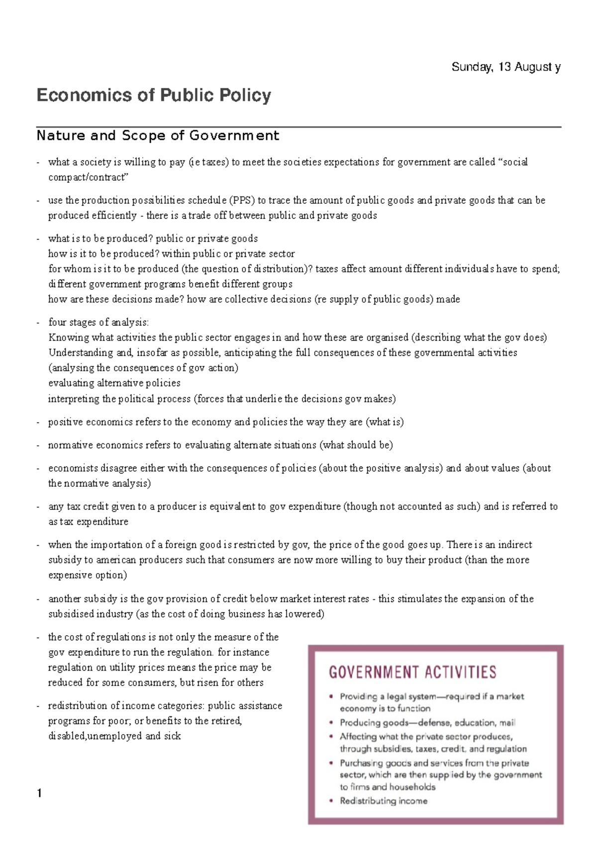 Topic 1 Lecture Notes - Sunday, 13 August y Economics of Public Policy ...