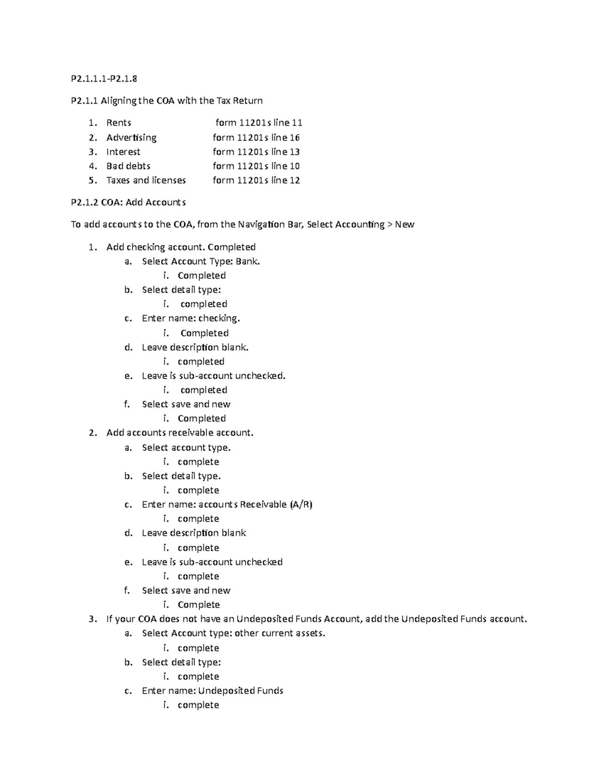 P2.1.1-P2 - Unit 2 quickbook assignment - P2.1.1.1-P2. P2.1 Aligning the COA with the Tax Return ...