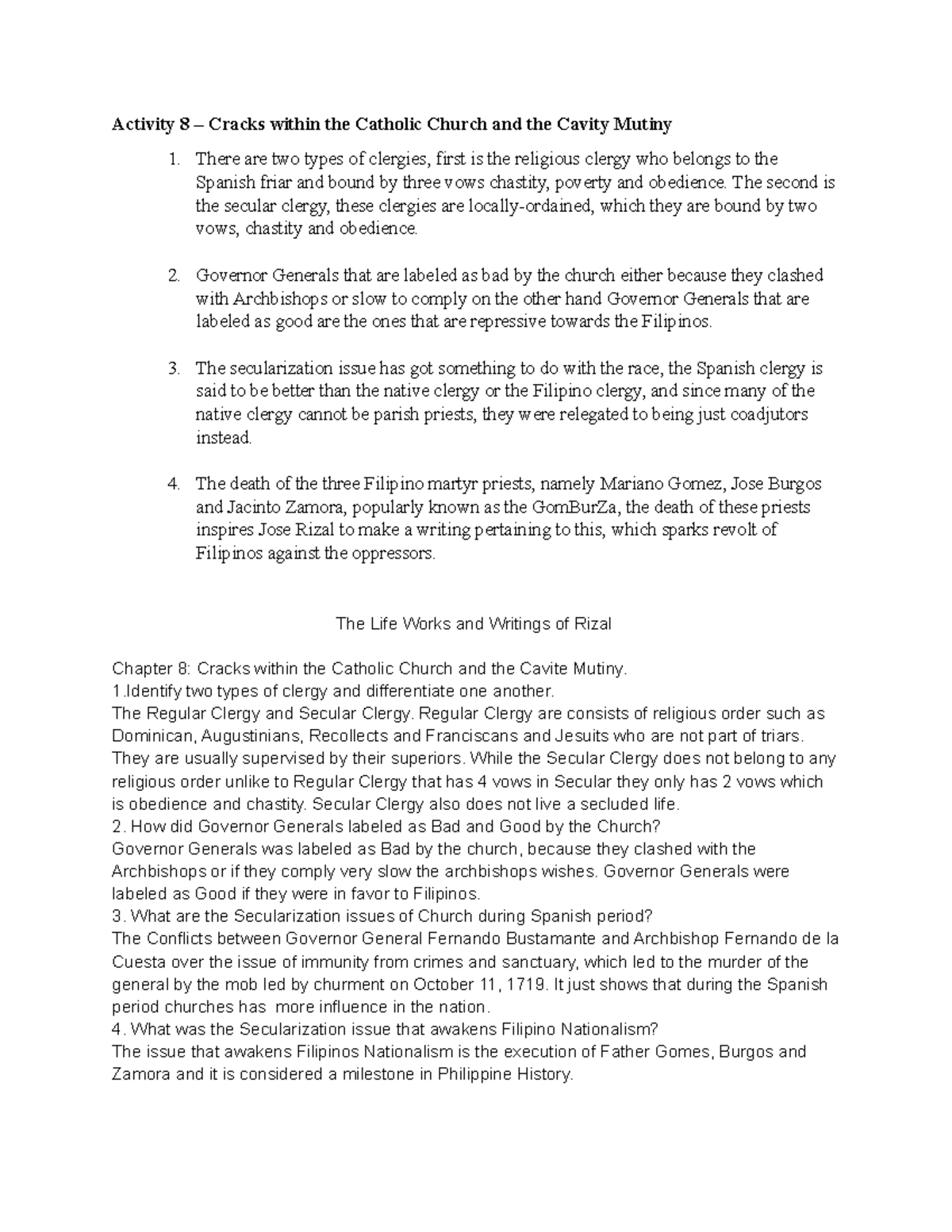LV8 - Rizal-Chapter-8 - Activity 8 – Cracks within the Catholic Church ...
