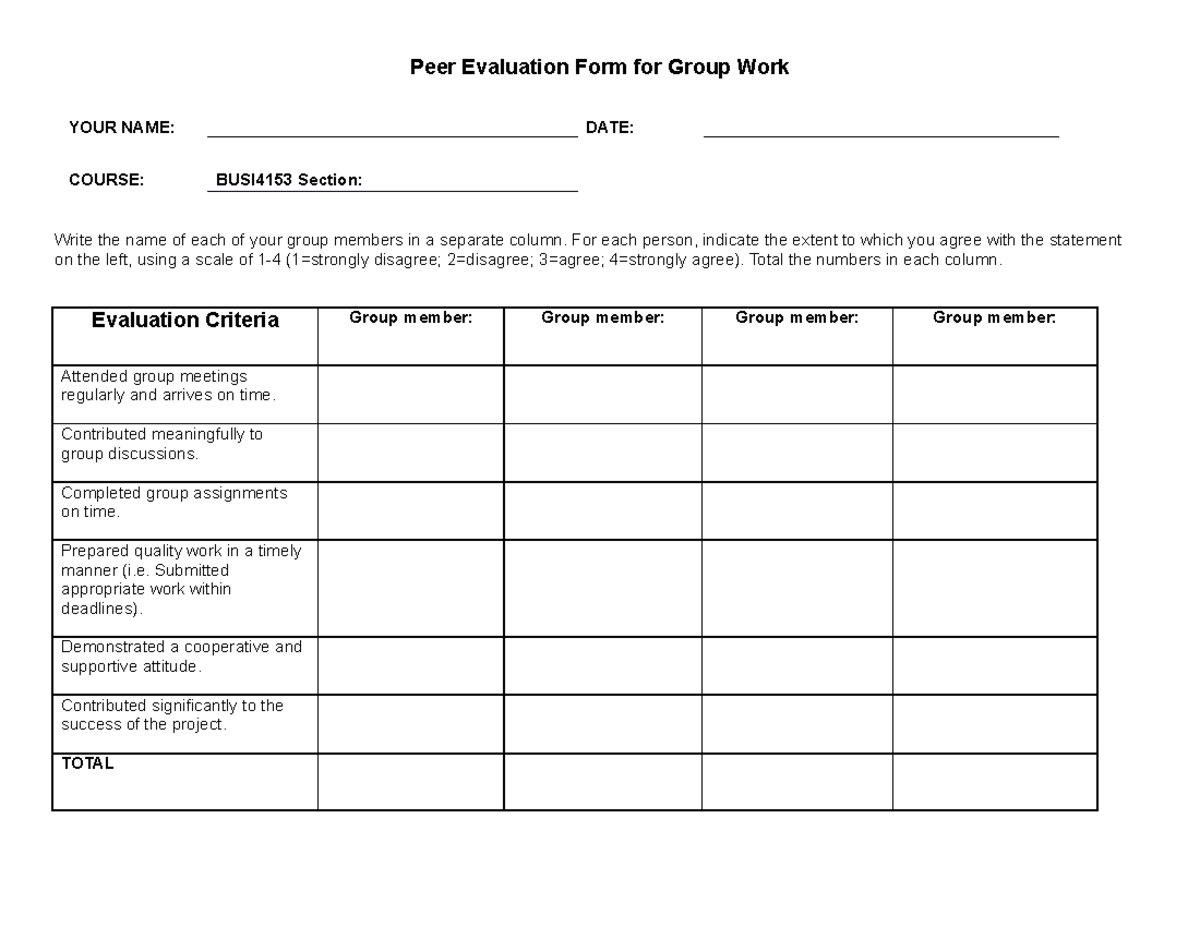 BUSI4153 Peer Evaluation Form for Group Work - Peer Evaluation Form for ...