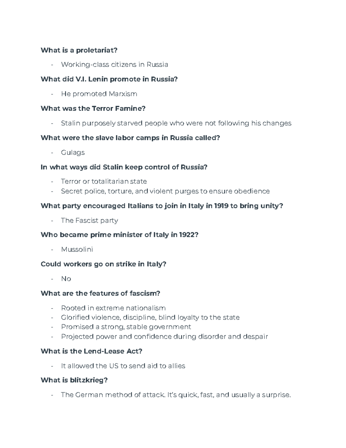 History Final Study Guide - What is a proletariat? Working-class ...