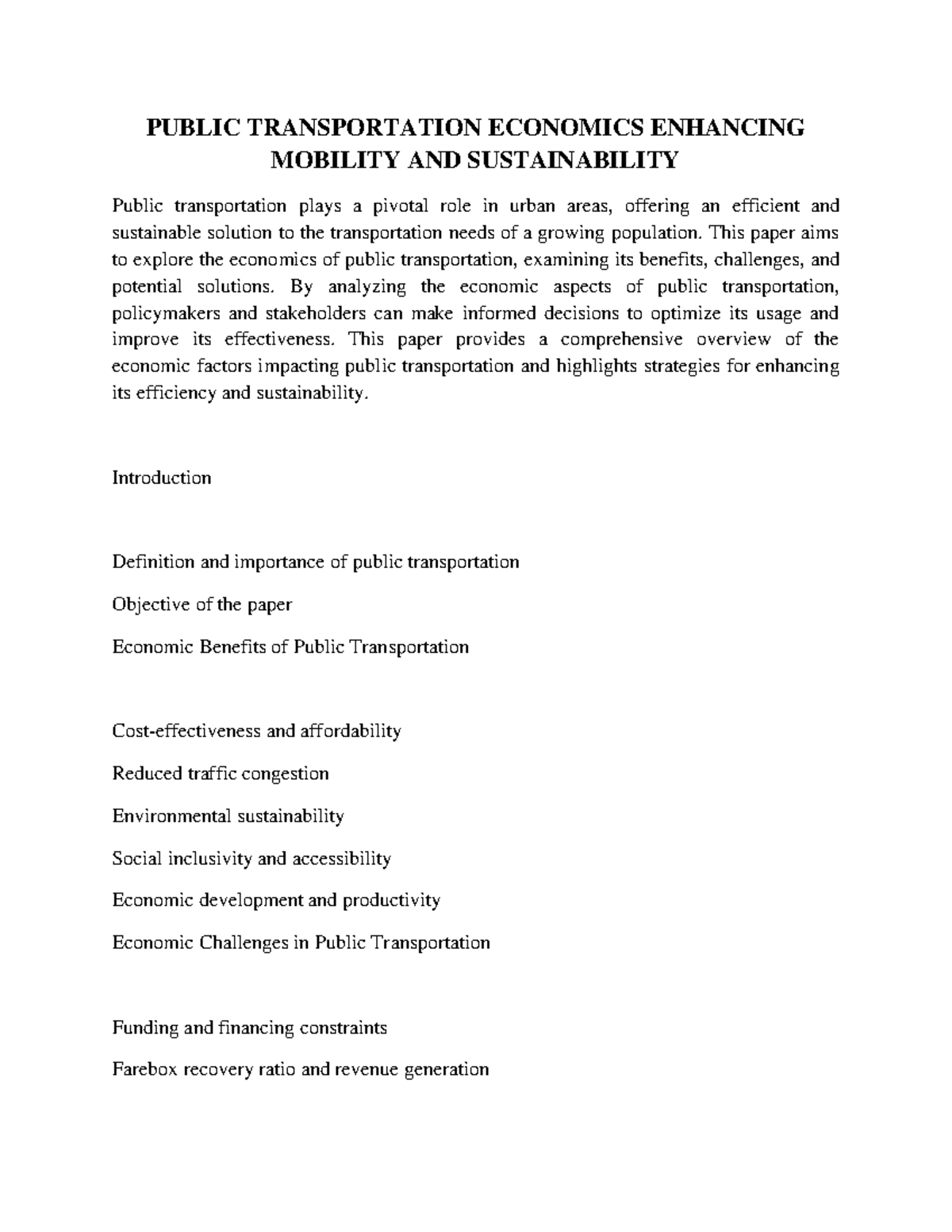 Public Transportation Economics Enhancing Mobility AND Sustainability ...