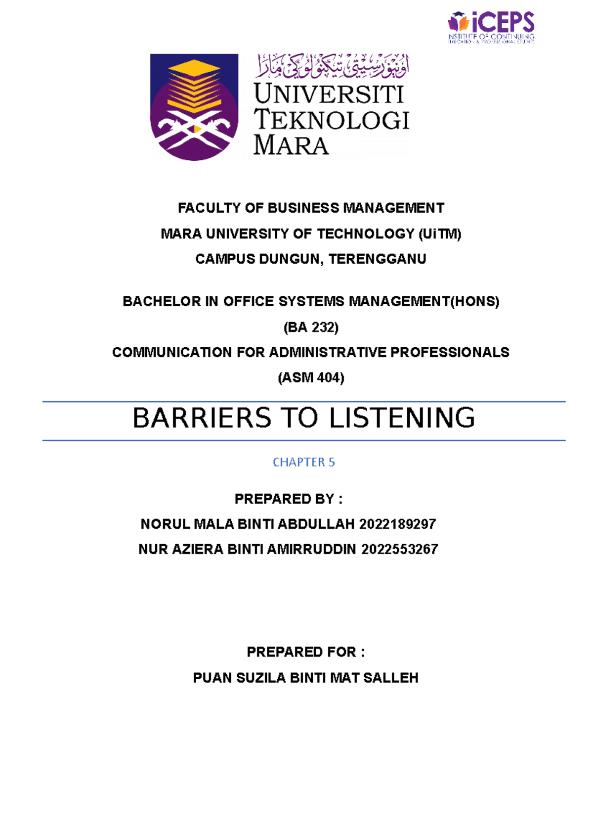 ASM404 Group Assignment Listening - BARRIERS TO LISTENING CHAPTER 5 FACULTY OF BUSINESS ...