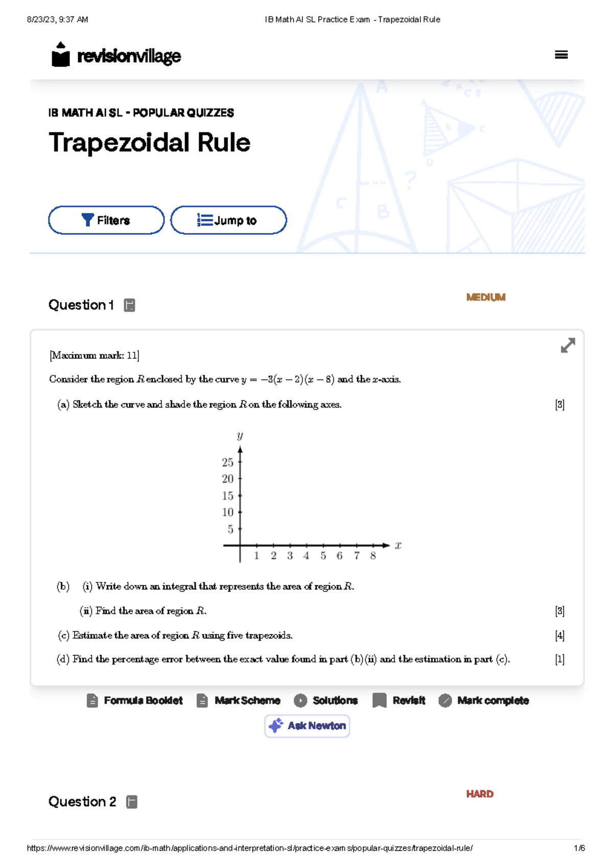 IB Math AI SL Practice Exam - Trapezoidal Rule - (a) Sketch the curve ...