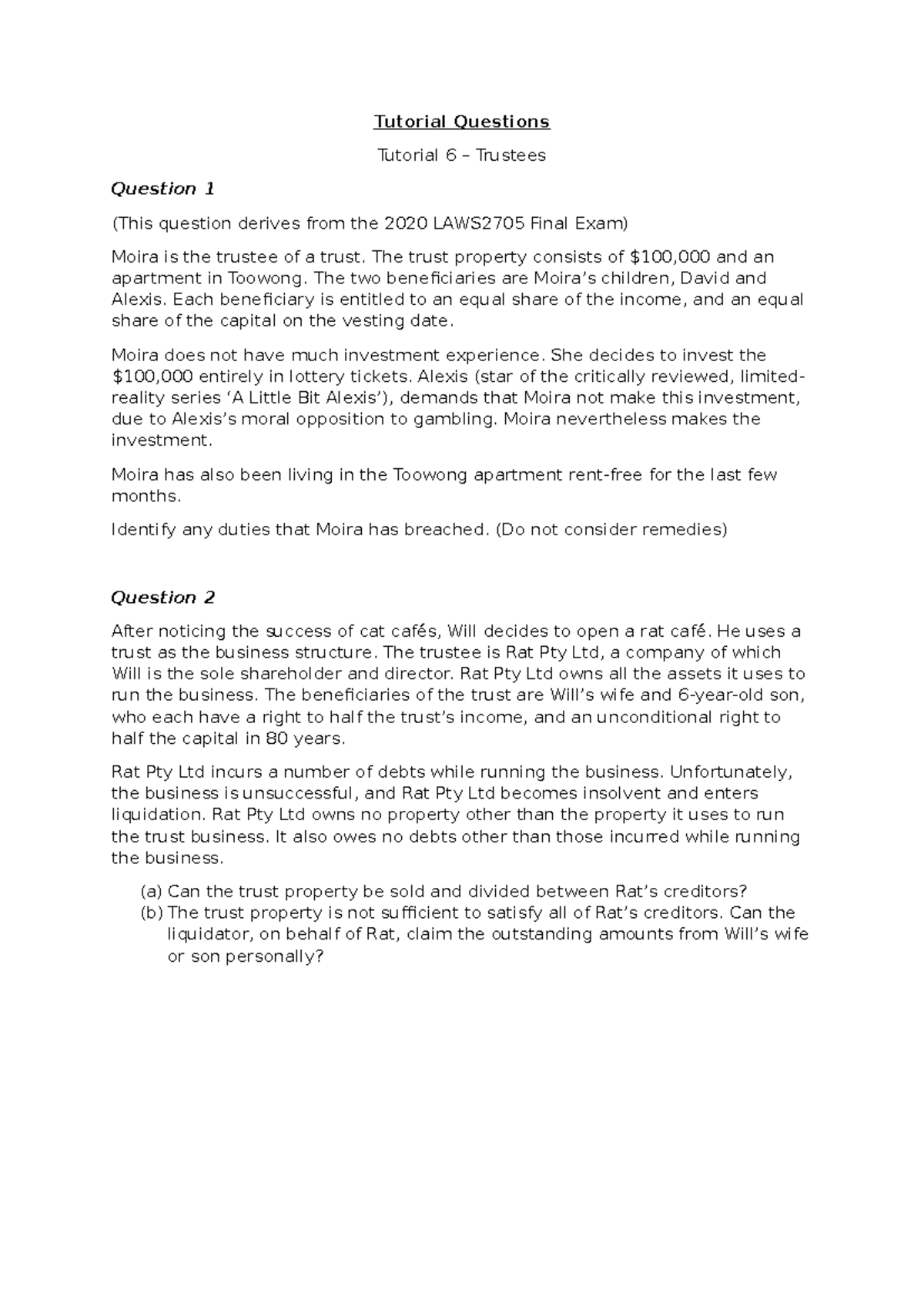 Tutorial Questions - Trustees - Tutorial Questions Tutorial 6 ...