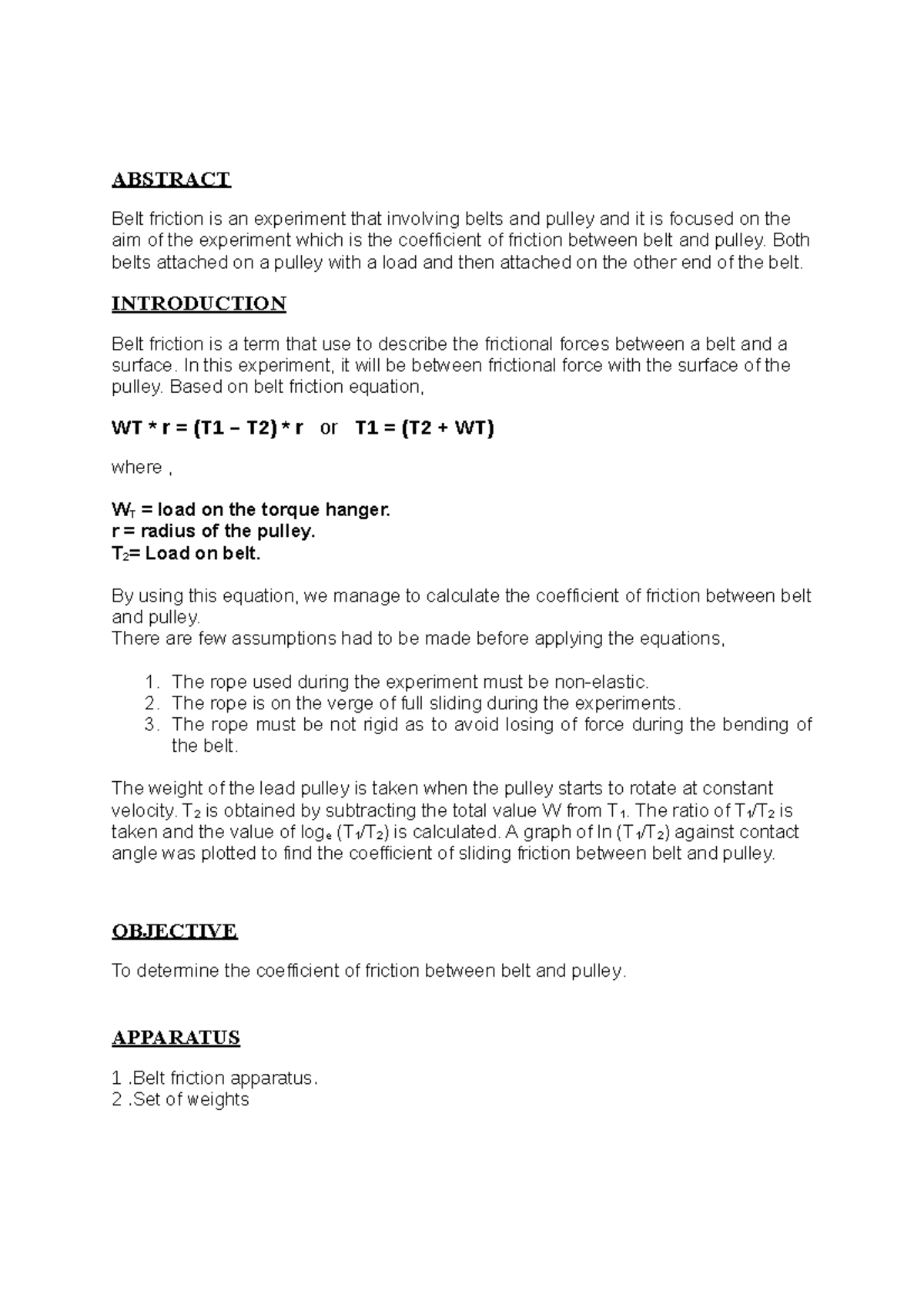 BELT Friction LAB - ABSTRACT Belt friction is an experiment that ...