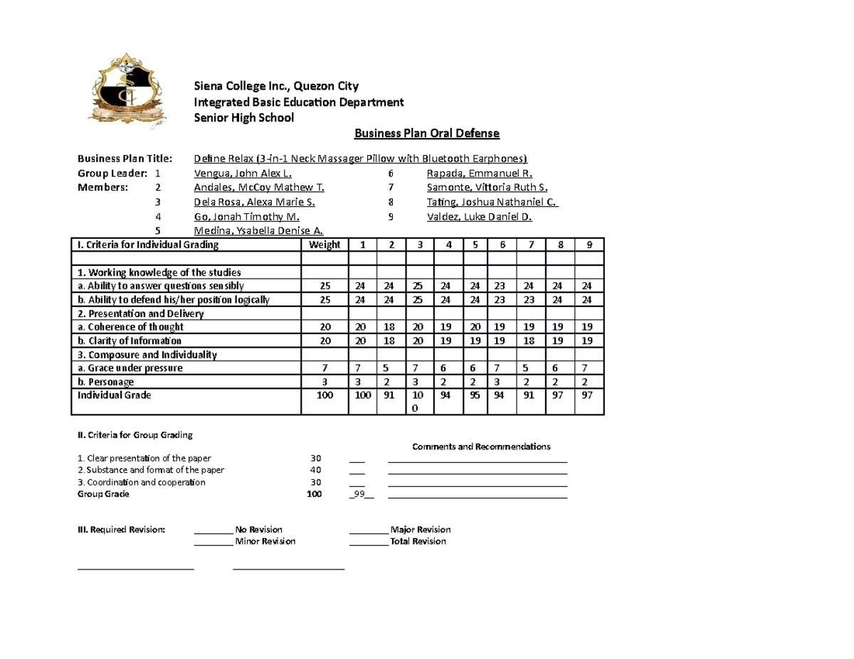 Vengua- Defense- Criteria - Siena College Inc., Quezon City Integrated ...