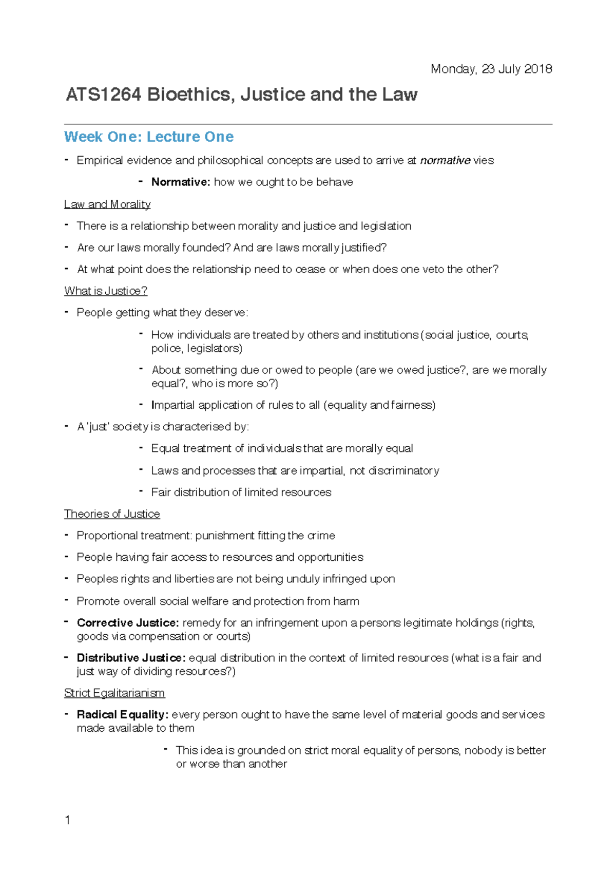 Bioethics Notes 2018 - ATS1264 Bioethics, Justice and the Law Week One ...