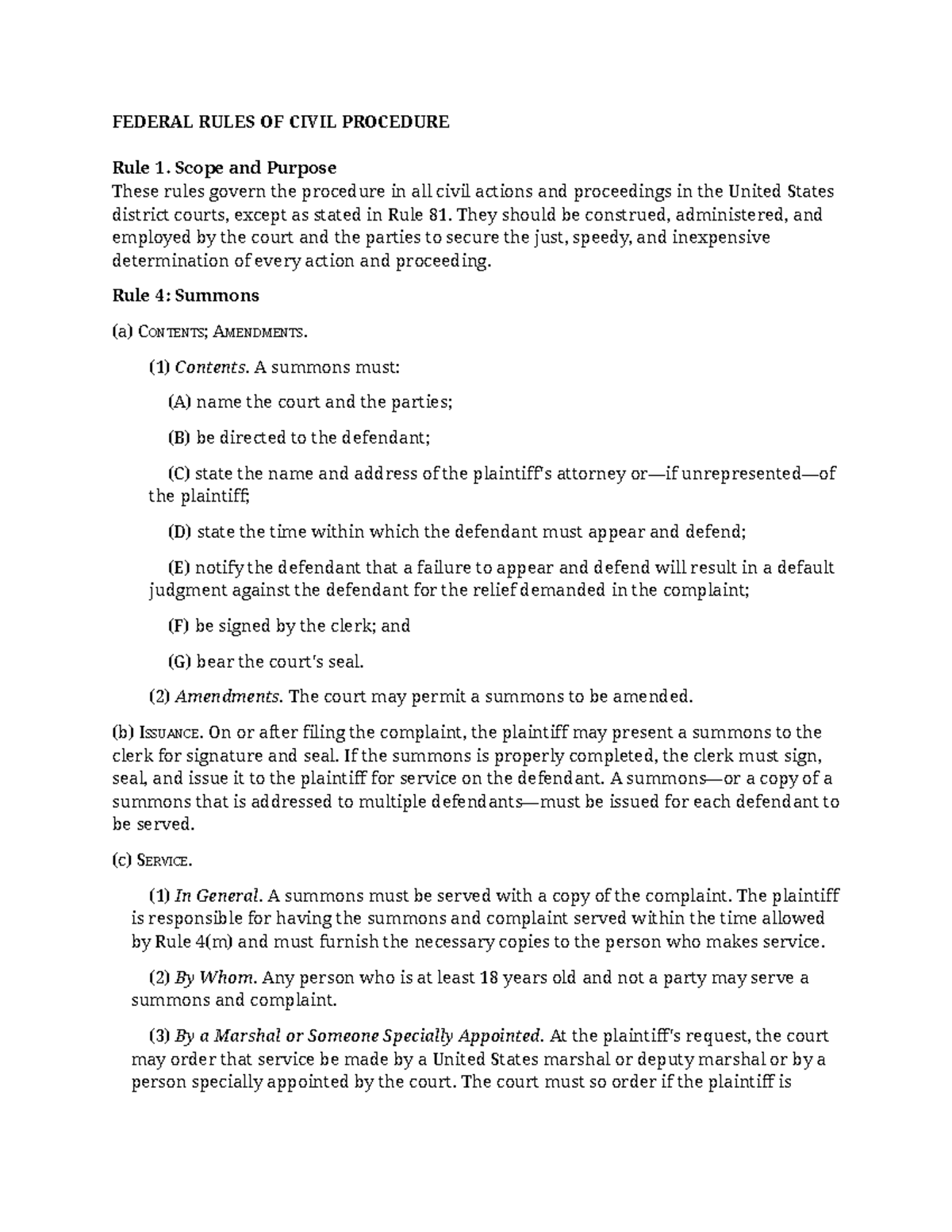 Civ Pro Rules - FEDERAL RULES OF CIVIL PROCEDURE Rule 1. Scope and ...