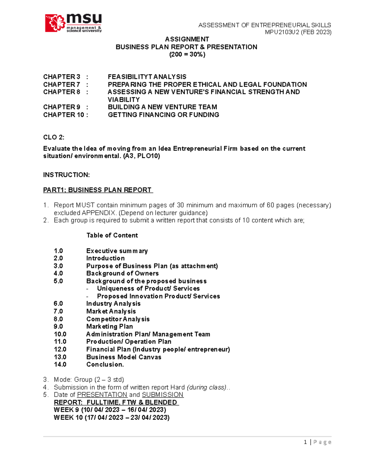 Instruction Business PLAN FEB 2023 - MPU2103U2 (FEB 2023) ASSIGNMENT ...
