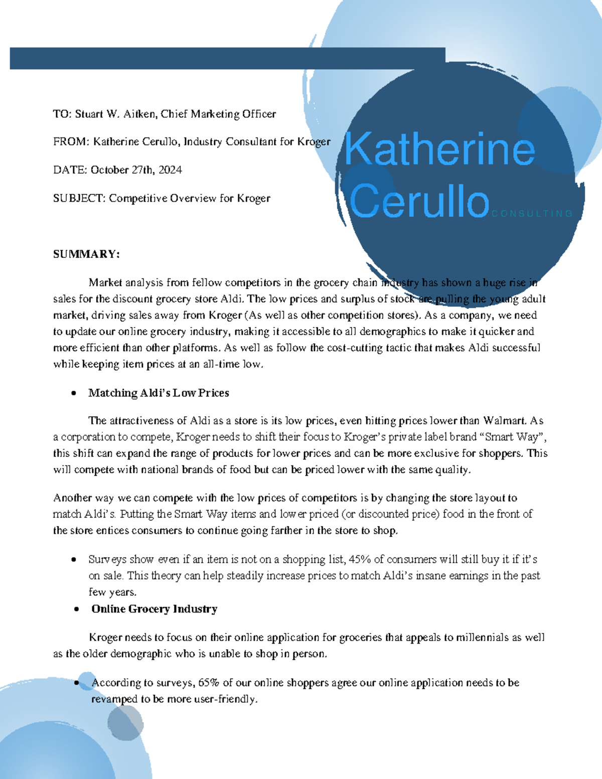 Mock Business MEMO - Katherine CerulloC O N S U L T I N G TO: Stuart W ...
