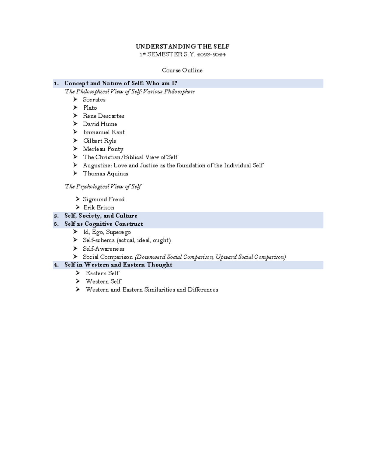 UTS- Course Outline- Groupings - UNDERSTANDING THE SELF 1 st SEMESTER S ...