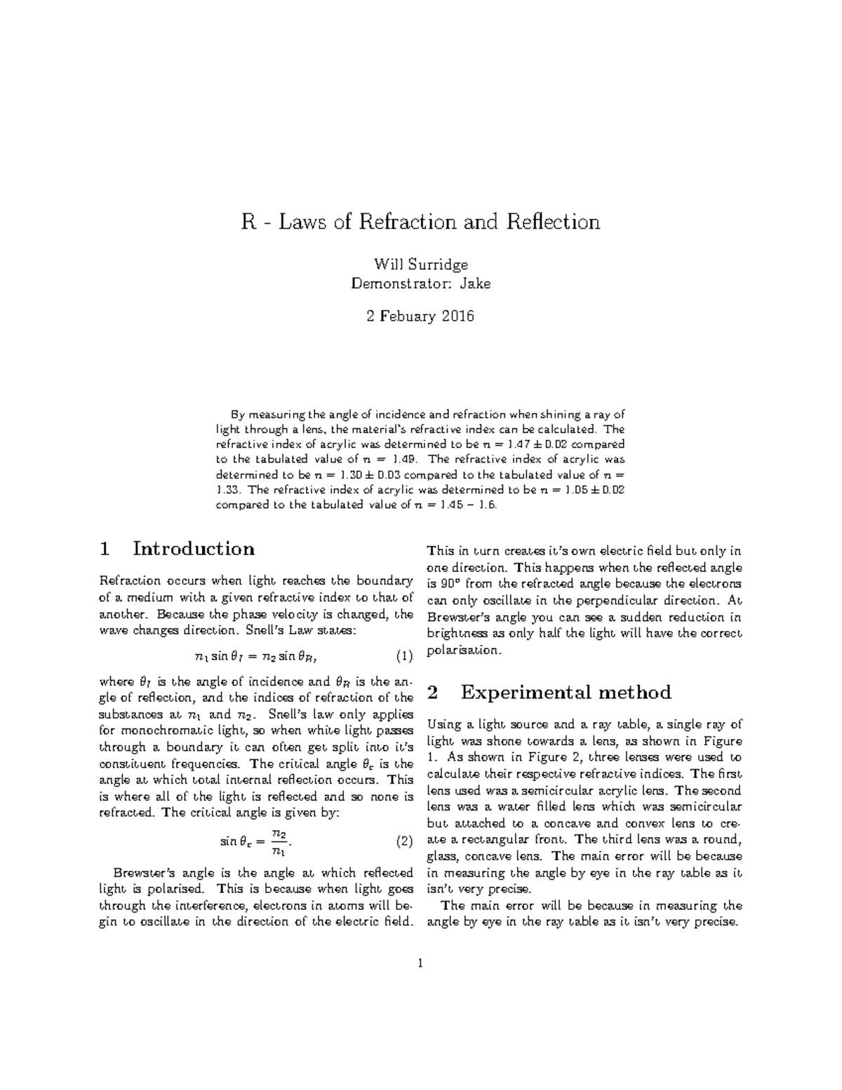Refraction - Lab Report - R - Laws of Refraction and Reflection Will ...