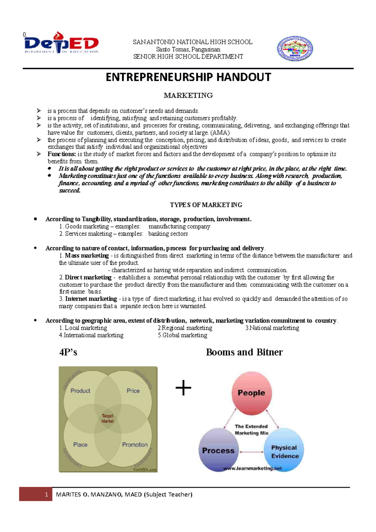 Marketing Handout - SAN ANTONIO NATIONAL HIGH SCHOOL Santo Tomas ...
