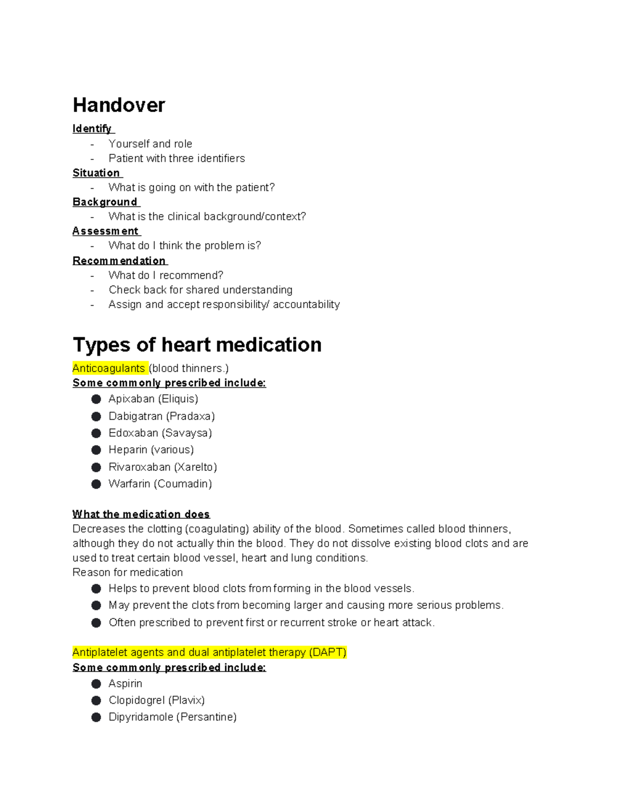 227 Placement notes - Handover Identify - Yourself and role - Patient ...