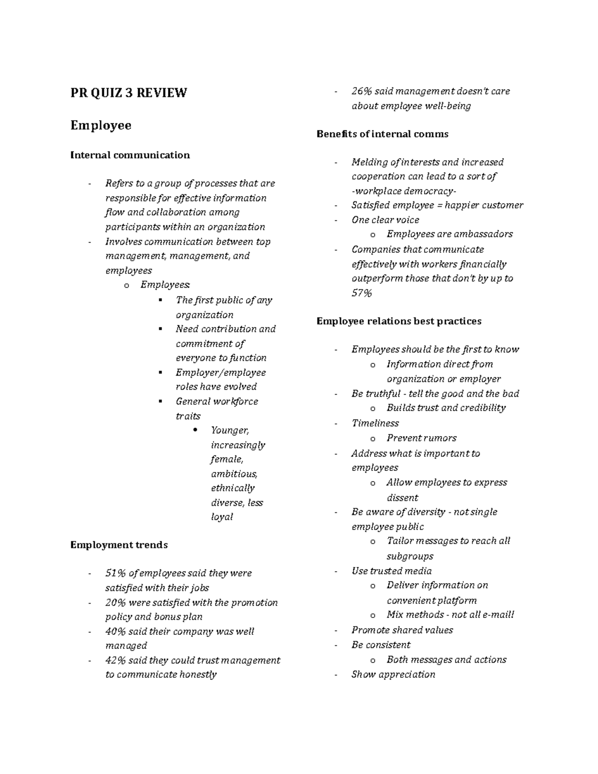 Quiz 3 Review - PR QUIZ 3 REVIEW Employee Internal communication Refers ...