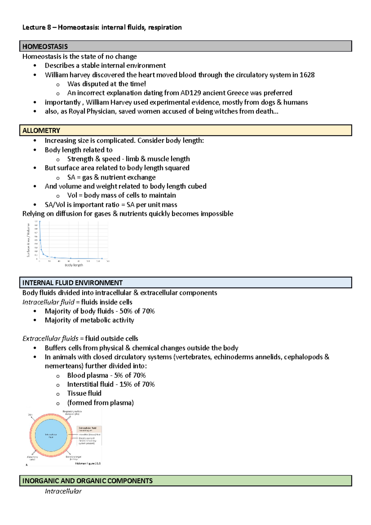 Lecture 8 notes - Lecture 8 – Homeostasis: internal fluids, respiration ...
