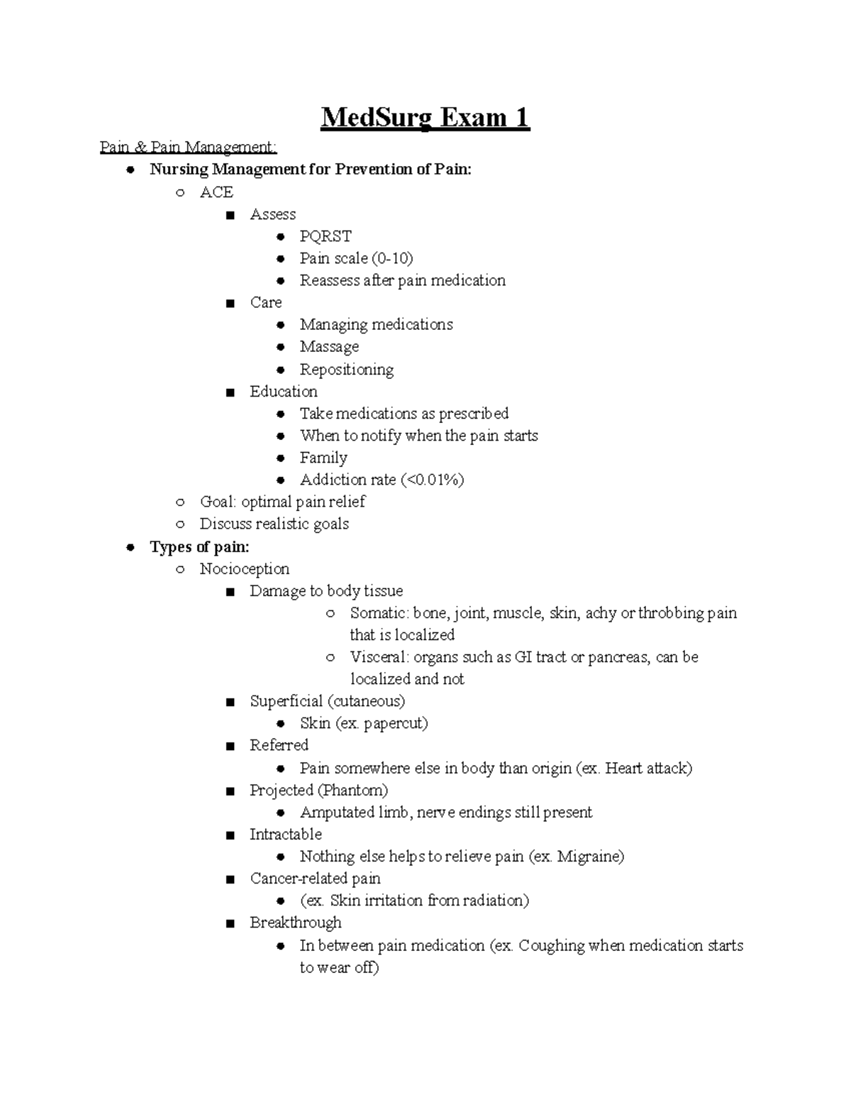 NUR 2990 Exam 1 Review Sheet - MedSurg Exam 1 Pain & Pain Management ...