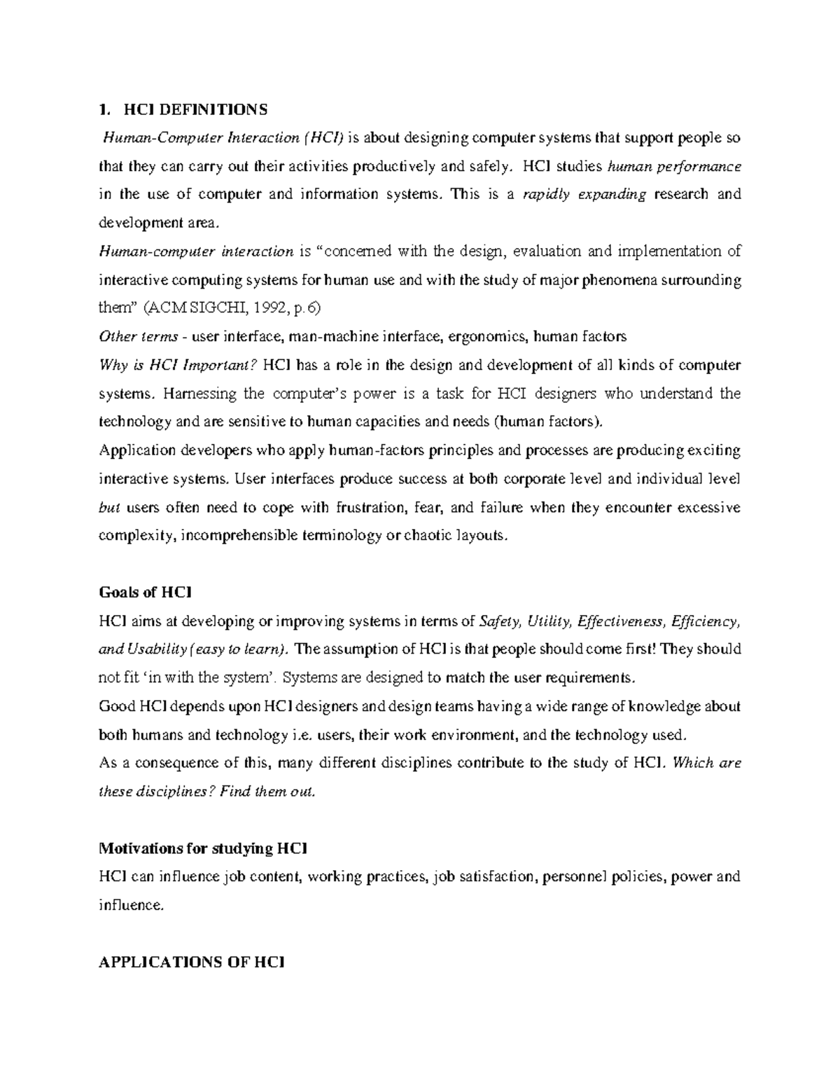 Lesson 2 - GOOD - 1. HCI DEFINITIONS Human-Computer Interaction (HCI ...
