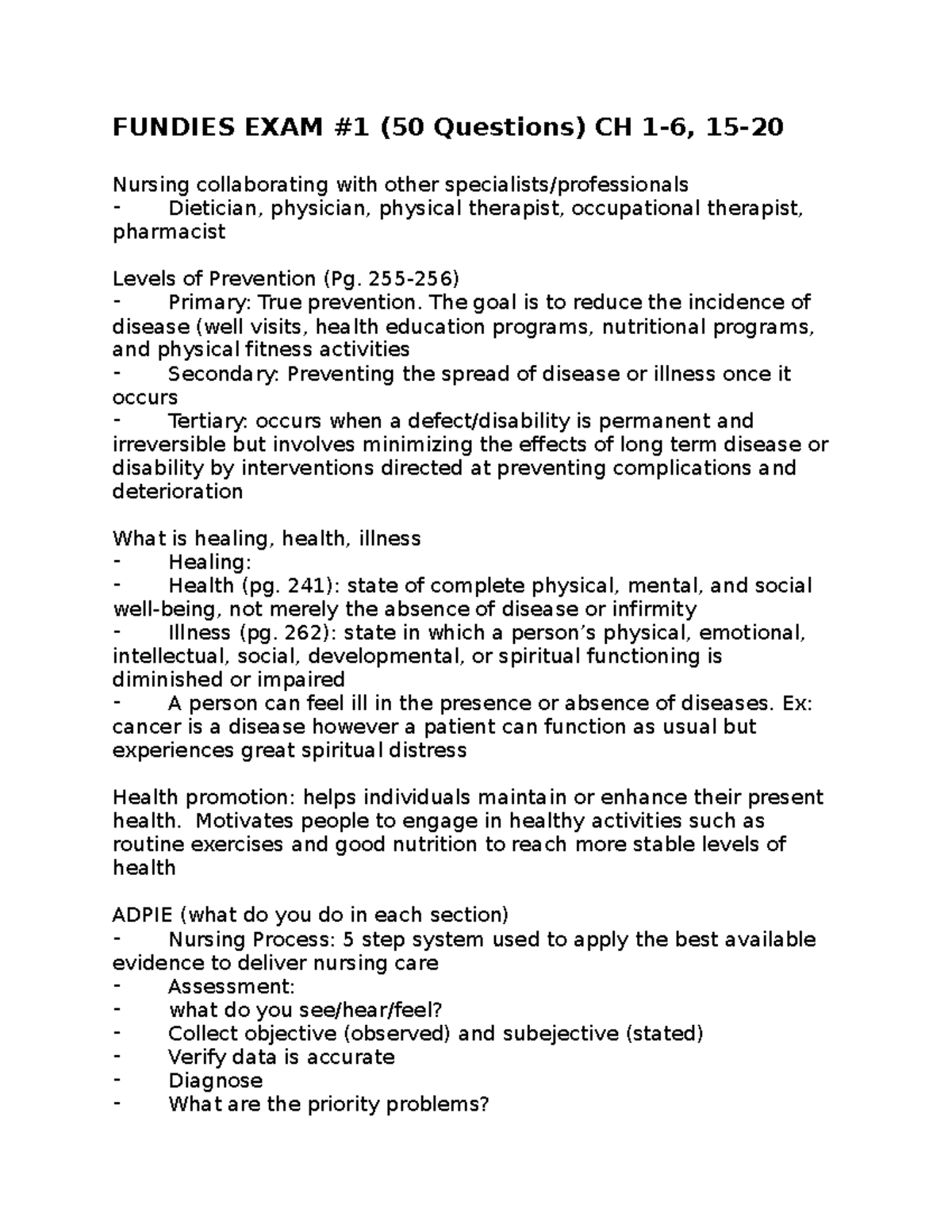 Exam 1 study guide - FUNDIES EXAM #1 (50 Questions) CH 1-6, 15- Nursing ...