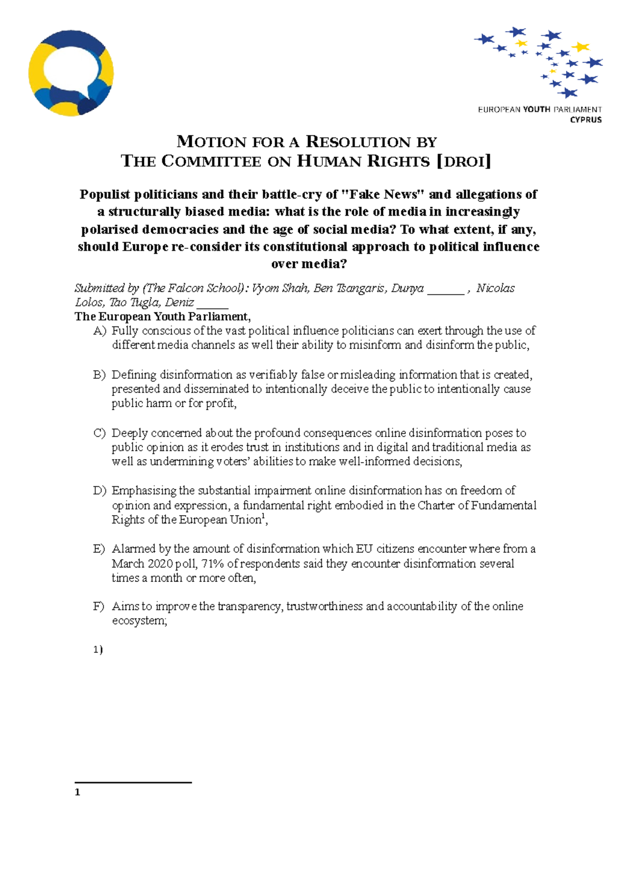 DROI EYP Mini Session Resolution - MOTION FOR A RESOLUTION BY THE ...