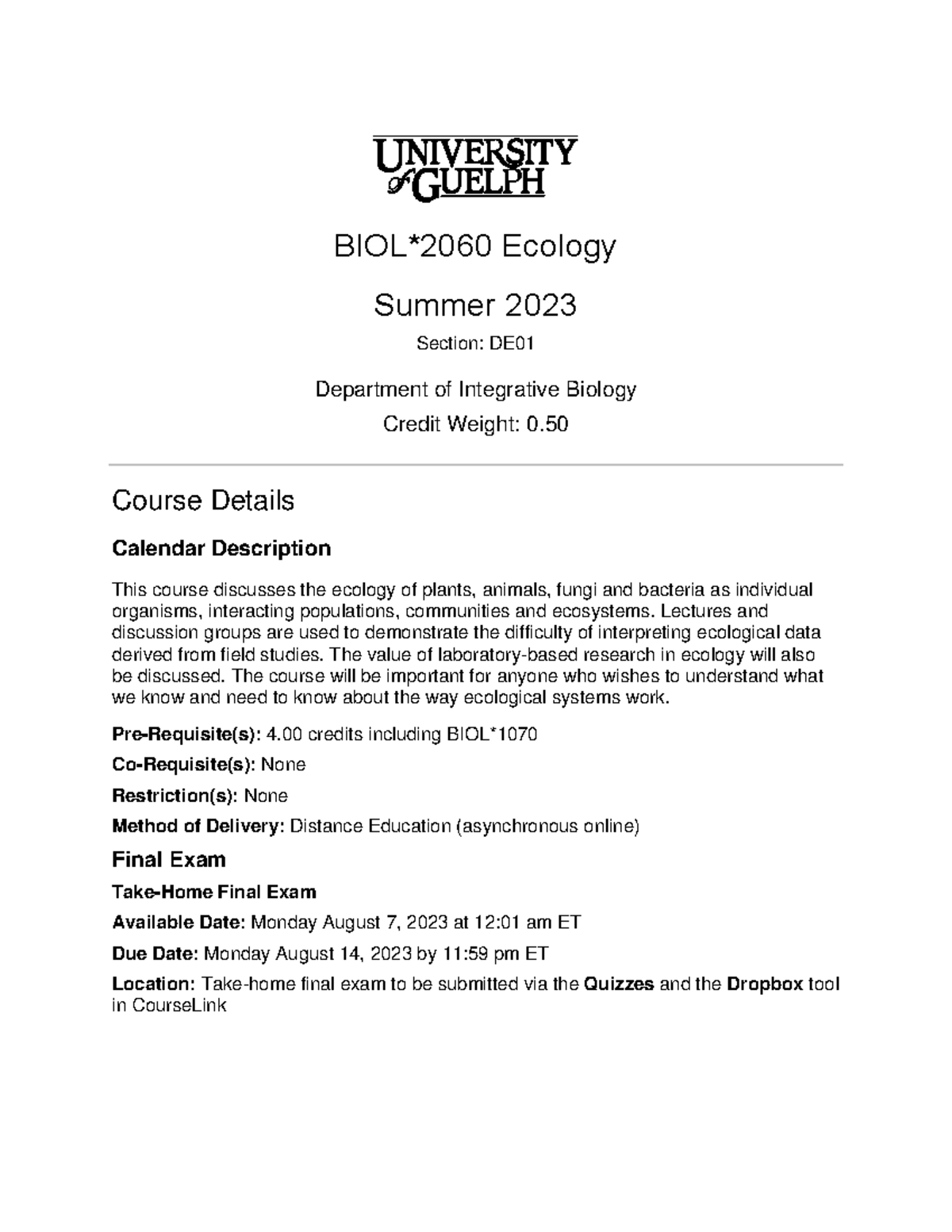Outline BIOL2060 DE01 S23 final-2 - BIOL*2060 Ecology Summer 2023 ...