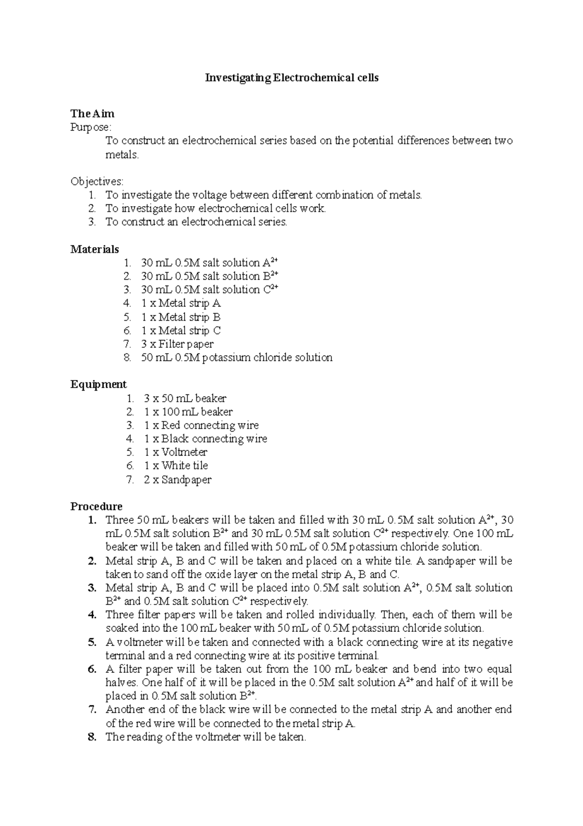 Electrochemical cells-prelab - Investigating Electrochemical cells The ...
