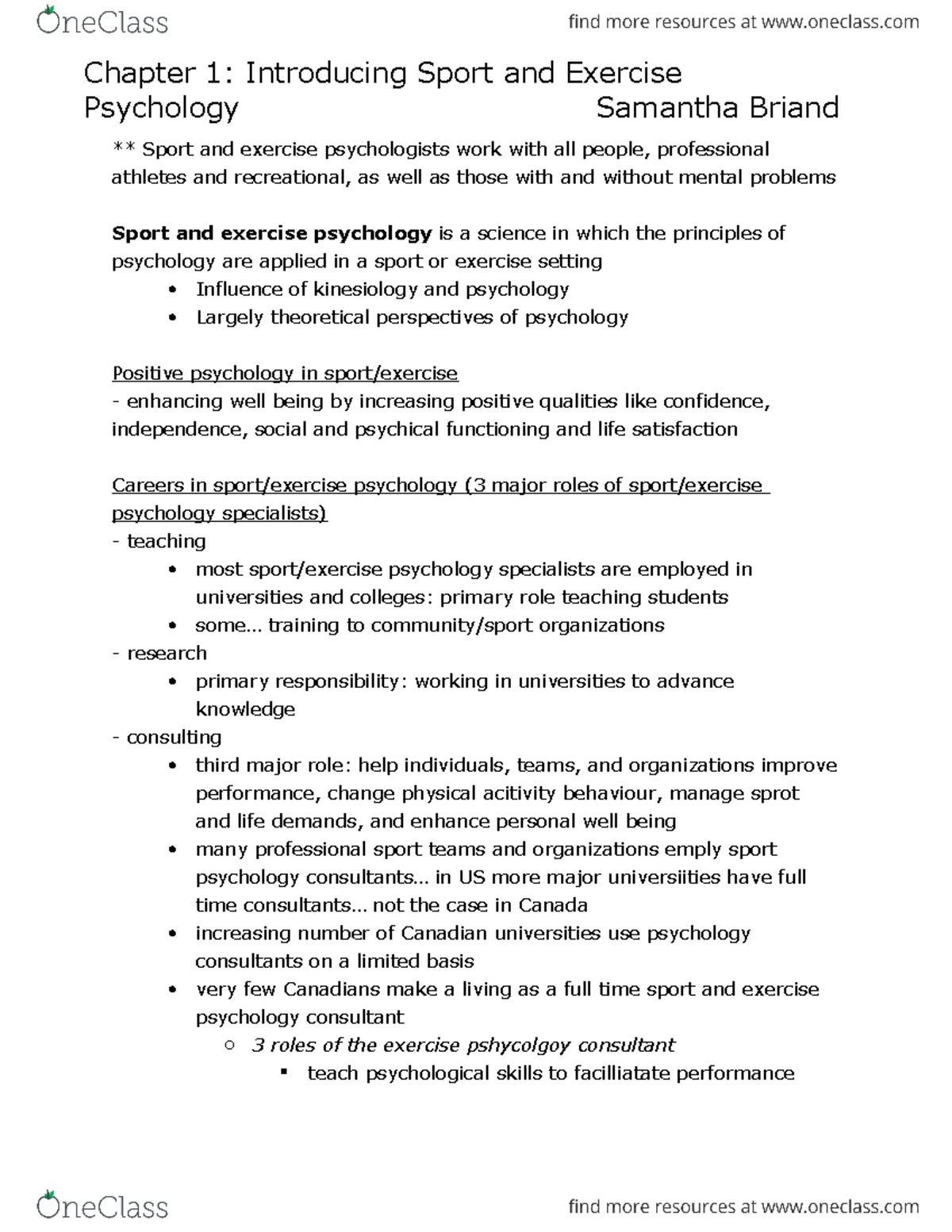 Final notes - Summary Psychology of Sport U - Chapter 1: Introducing ...
