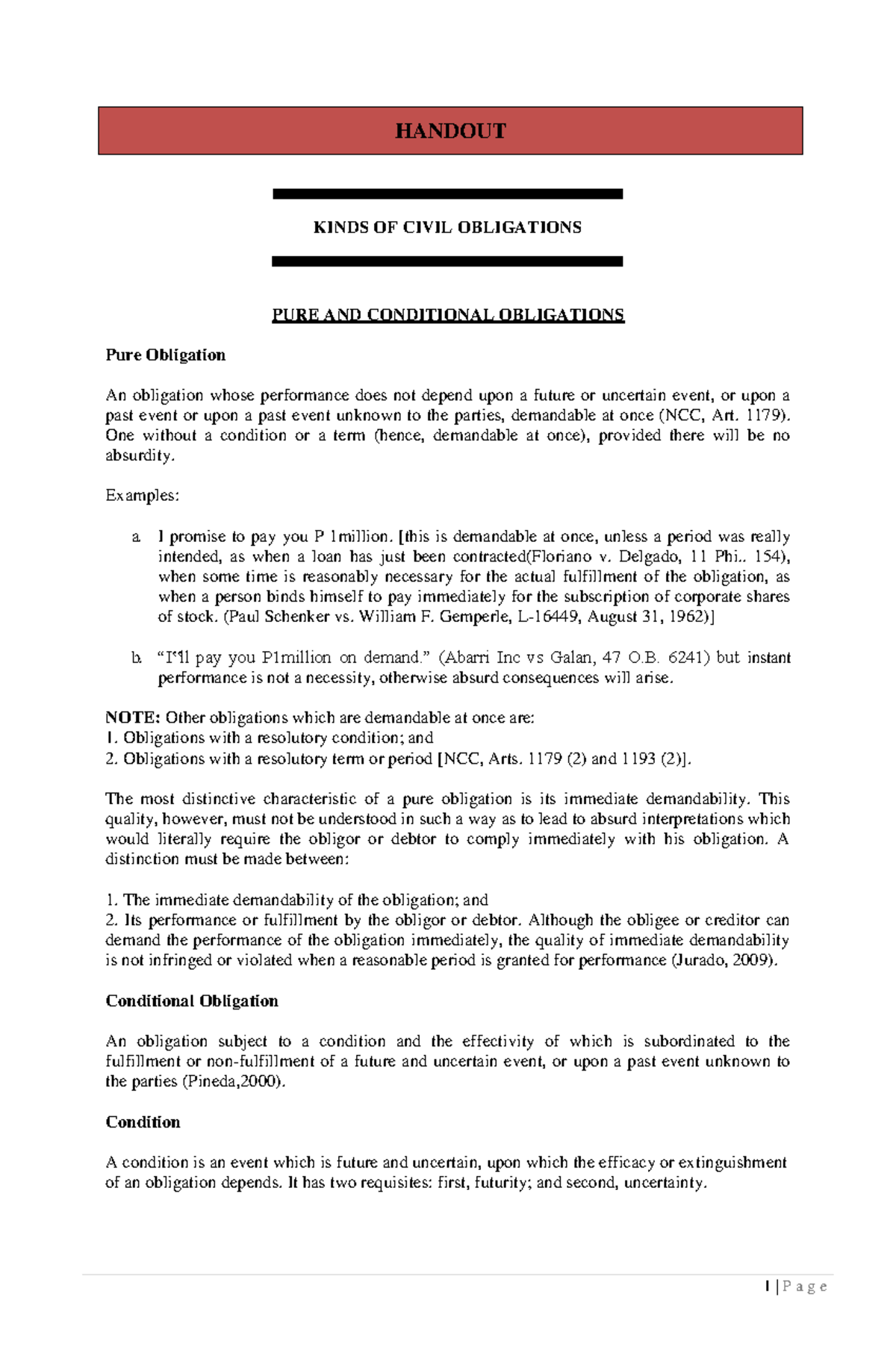 Obligations and Contracts Handout - KINDS OF CIVIL OBLIGATIONS PURE AND ...