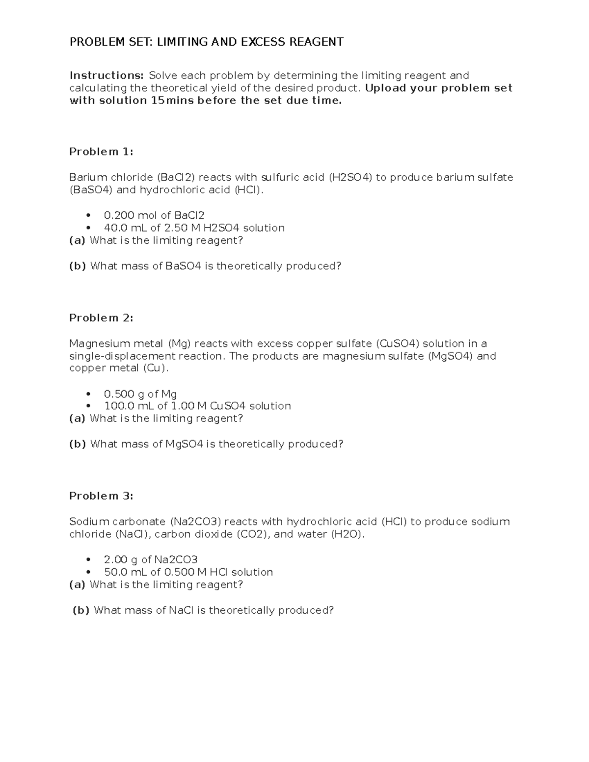 Problem set 3 - PROBLEM SET: LIMITING AND EXCESS REAGENT Instructions ...