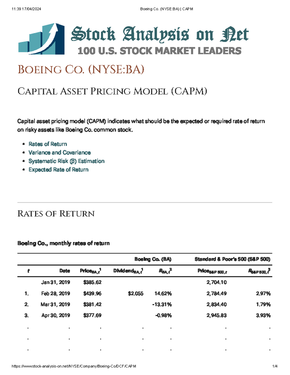 Boeing Co. (NYSE BA) CAPM - Boeing Co. (NYSE:BA) Capital Asset Pricing ...