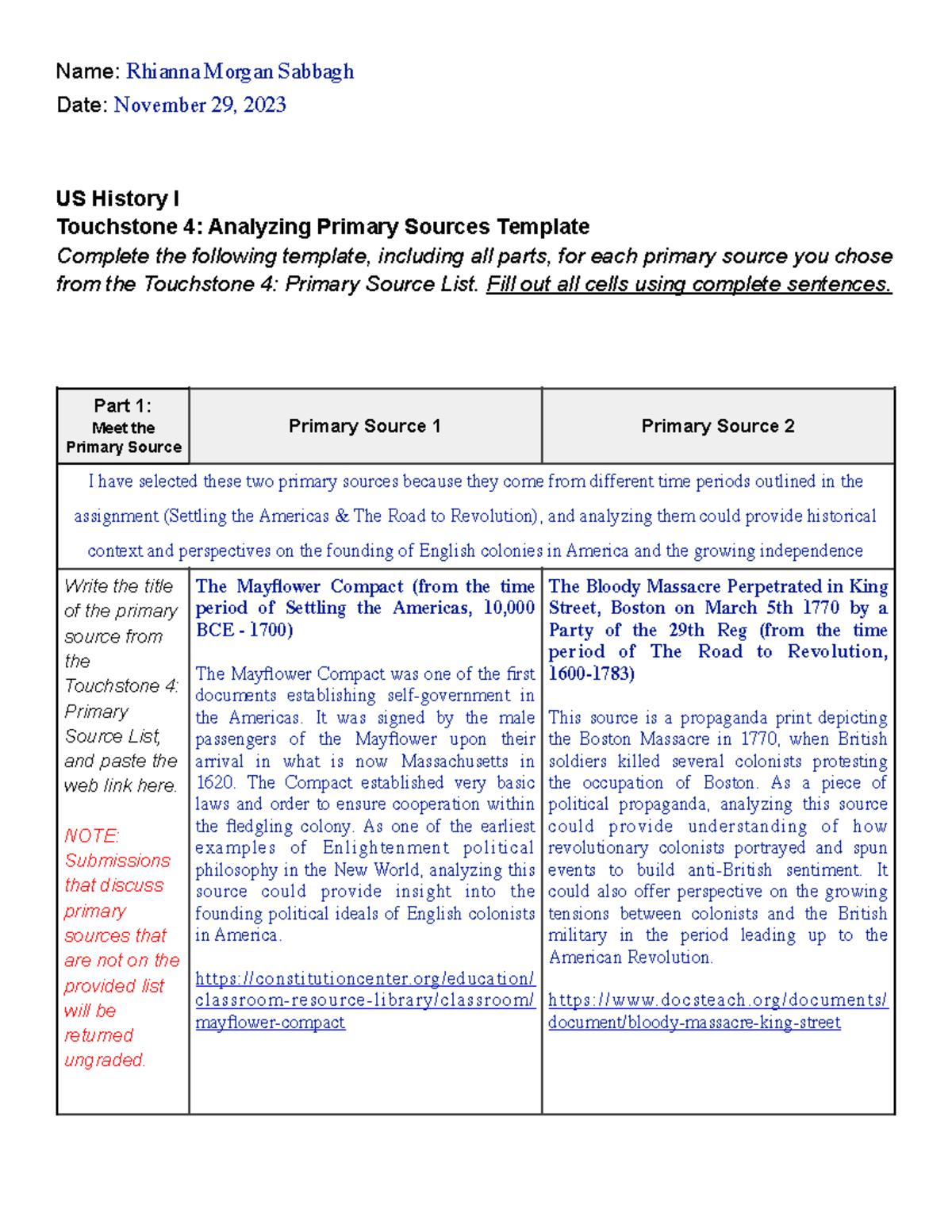 US History I Touchstone 4 - Fill out all cells using complete sentences ...
