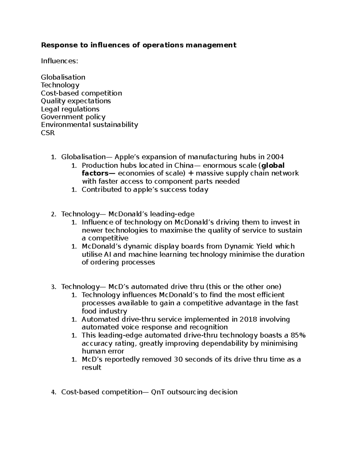 (essay plans) Response to influences of operations management ...