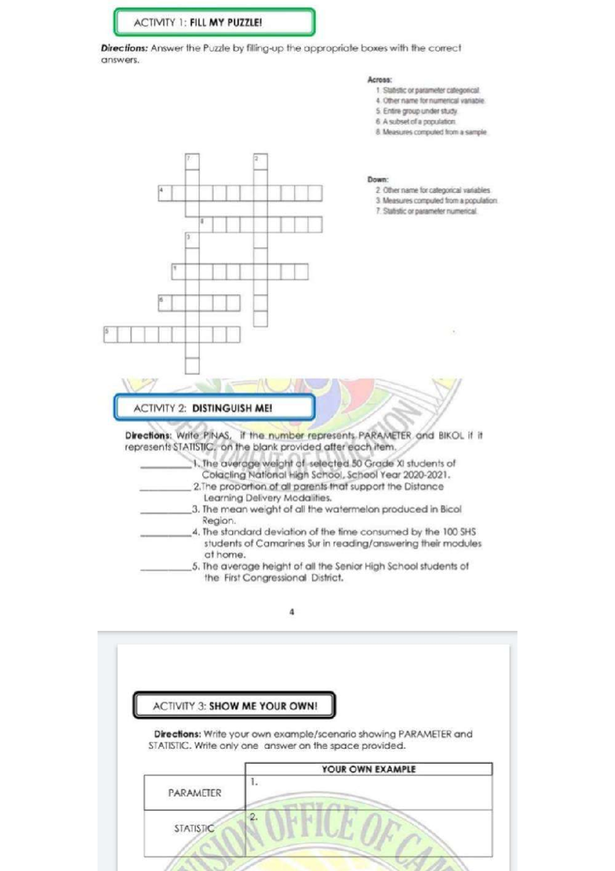 Parameter and Statistic - ACTIVITY 1: FILL MY PUZZLE! Directions ...