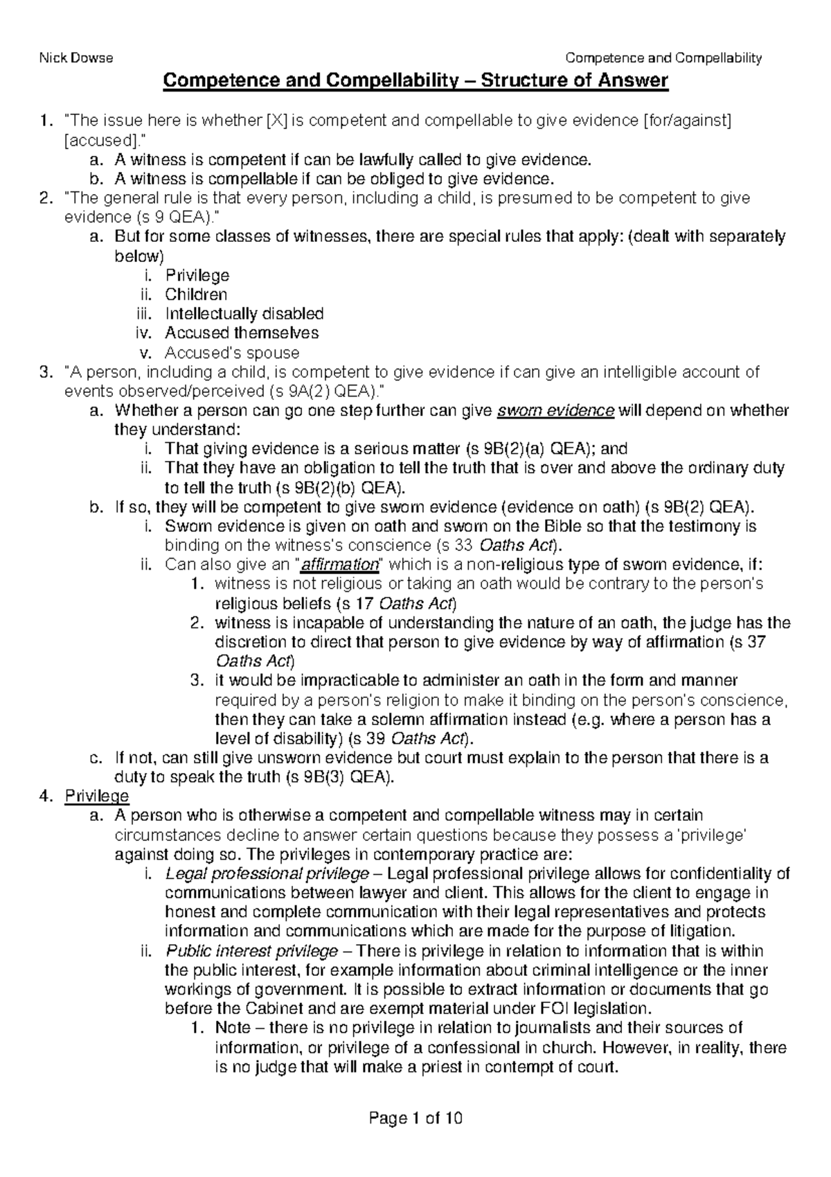 Competence and Compellability - Structure or Answer - Competence and ...