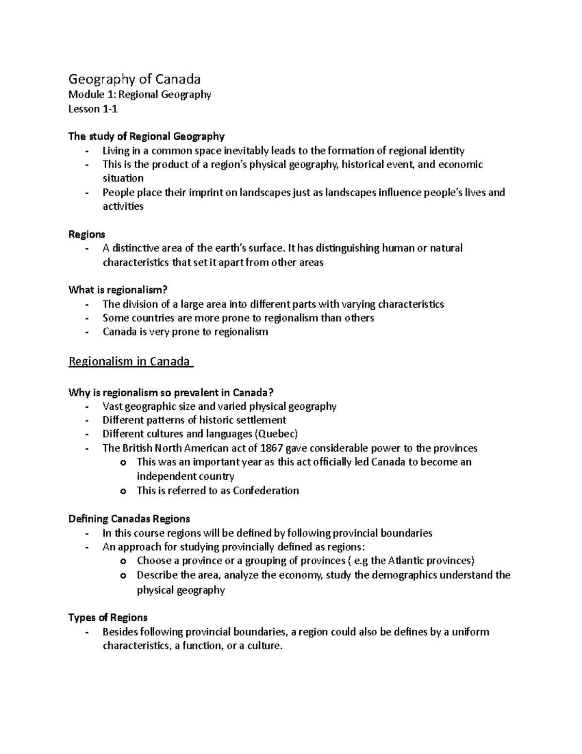 Geo module 1 notes for week 1 - Geography of Canada Module 1: Regional ...