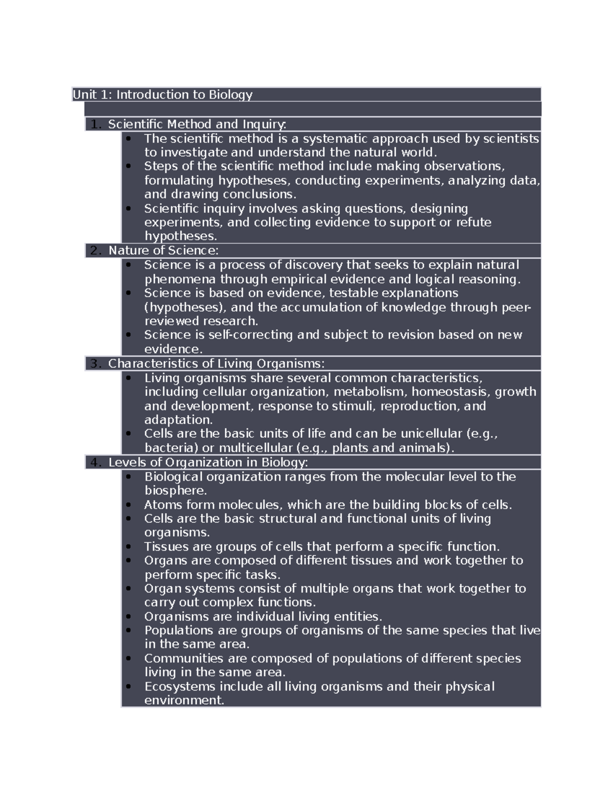 Unit 1 - u1 notes - Unit 1: Introduction to Biology Scientific Method ...