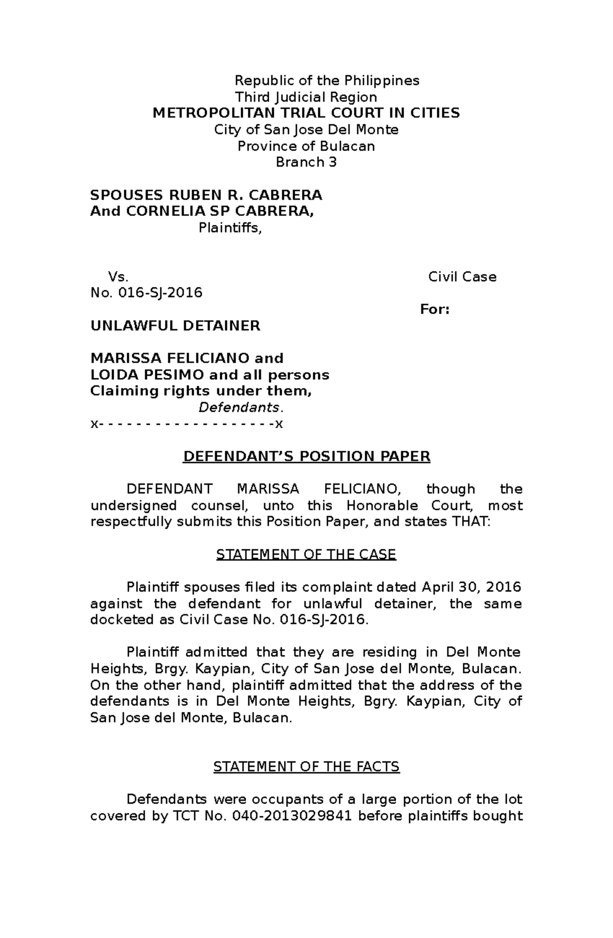 358860460 Position Paper Feliciano - Republic of the Philippines Third ...