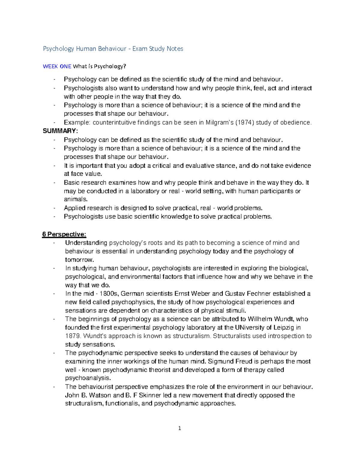 Psychology Human Behaviour Exam Study Notes-1-20 - 1 Psychology Human ...